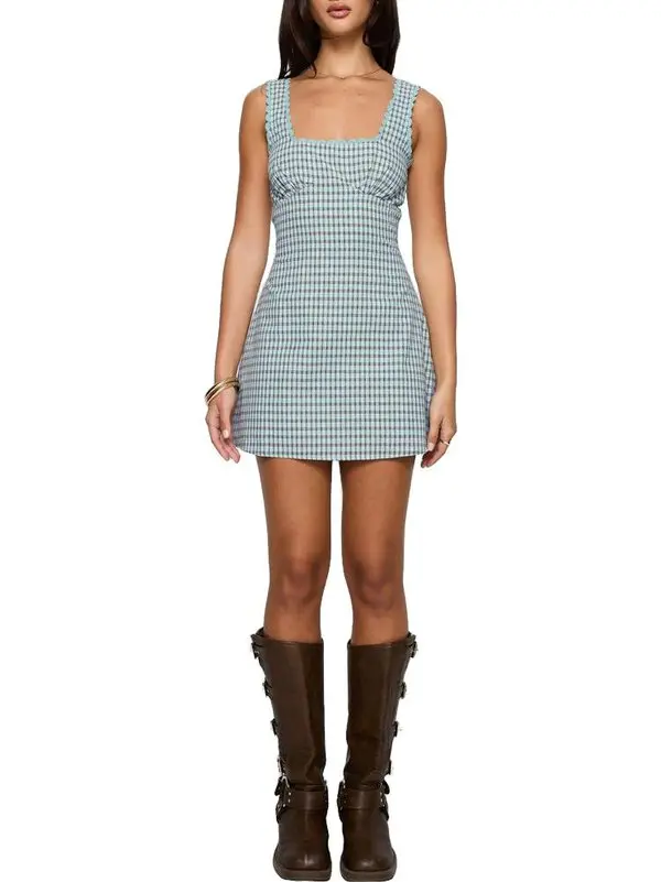 Princess Polly Dasha Check Cotton Mini Dress - Blue/brown Check