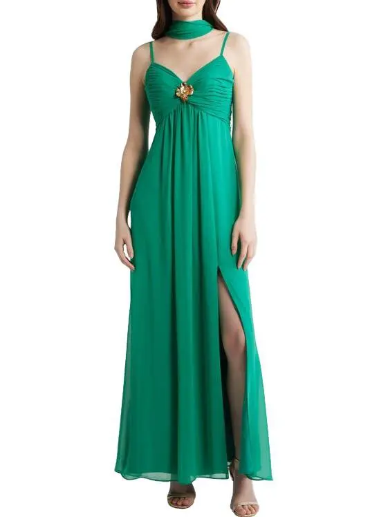 Eliza J Pleated Chiffon Gown With Scarf - Jade