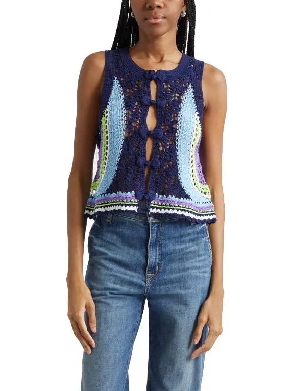 Ramy Brook Adriana Cotton Crochet Vest - Navy Multi Colorblock