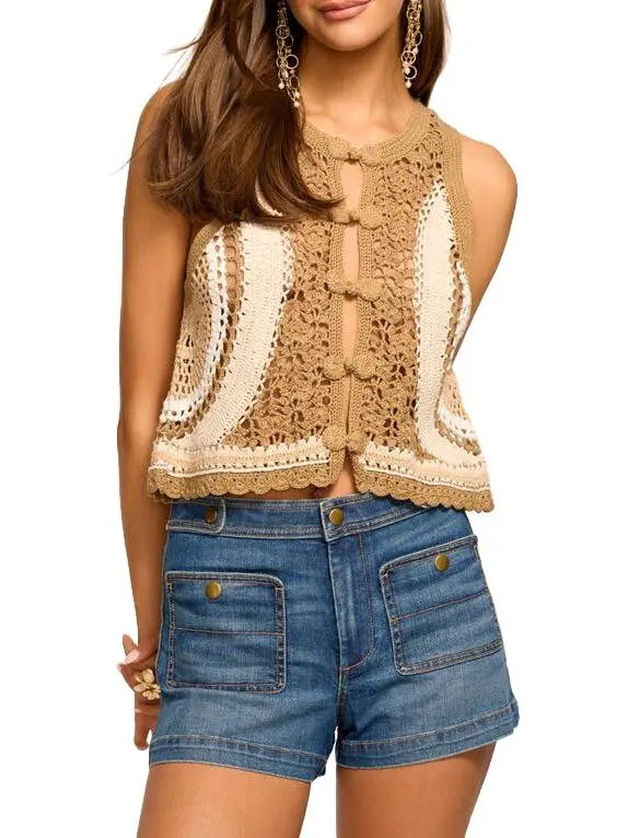 Ramy Brook Adriana Cotton Crochet Vest - Sandstone Multi Colorblock