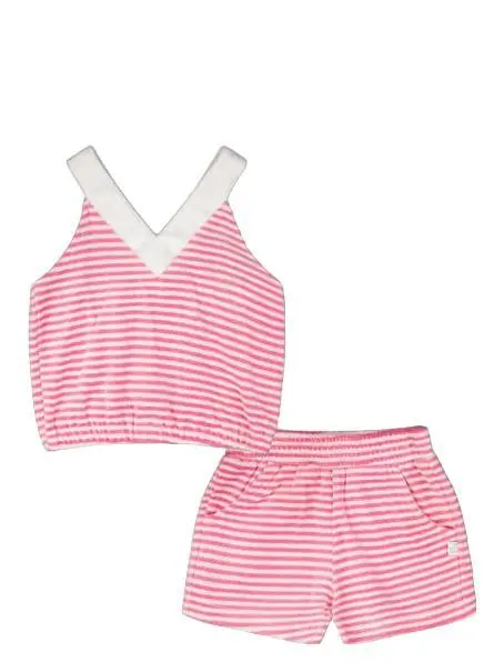 DEUX PAR DEUX Striped Terry Cloth Top And Short Set - White With Pink Print
