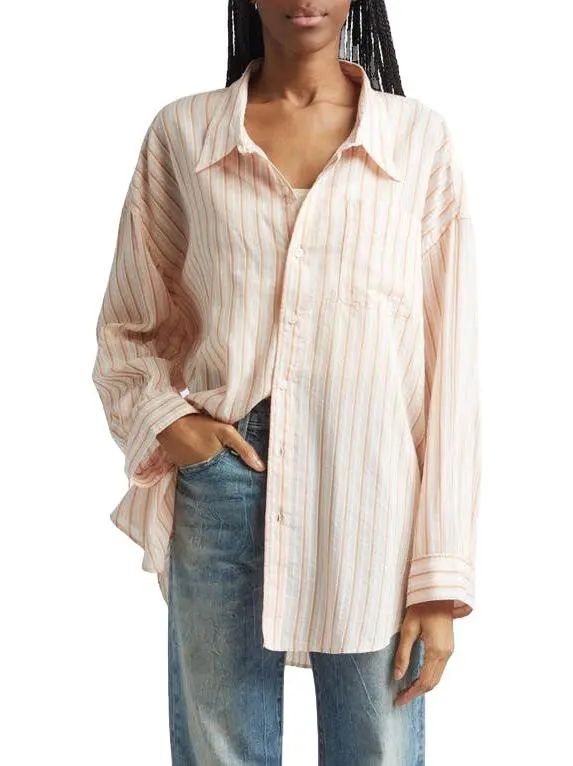 R13 Drop Neck Stripe Cotton & Silk Blend Button-up Shirt - Light Pink Stripe