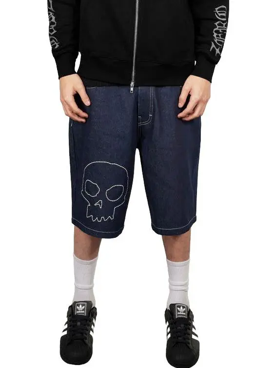 PLEASURES Skull Embroidered Denim Shorts - Raw