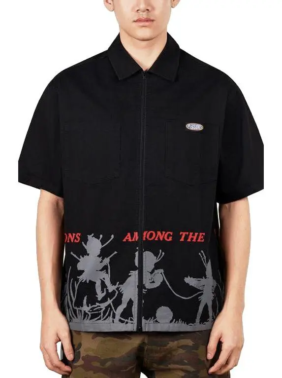 PLEASURES Fairies Relaxed Fit Cotton Zip Shirt - Black