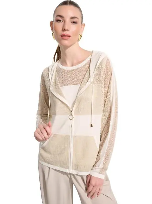 Joseph Ribkoff Soft Knit Straight Hooded Zip Jacket - Vanilla/gold