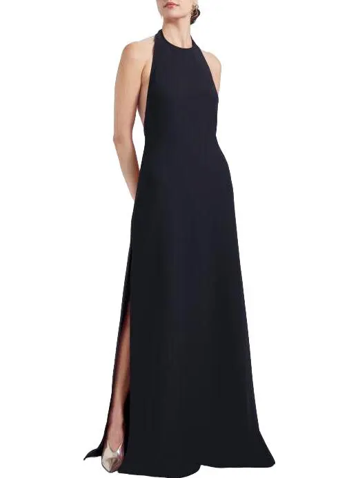 Amsale Italian Stretch Crepe Halter Gown - Black