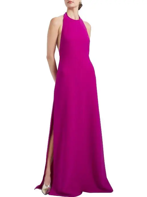 Amsale Italian Stretch Crepe Halter Gown - Magenta