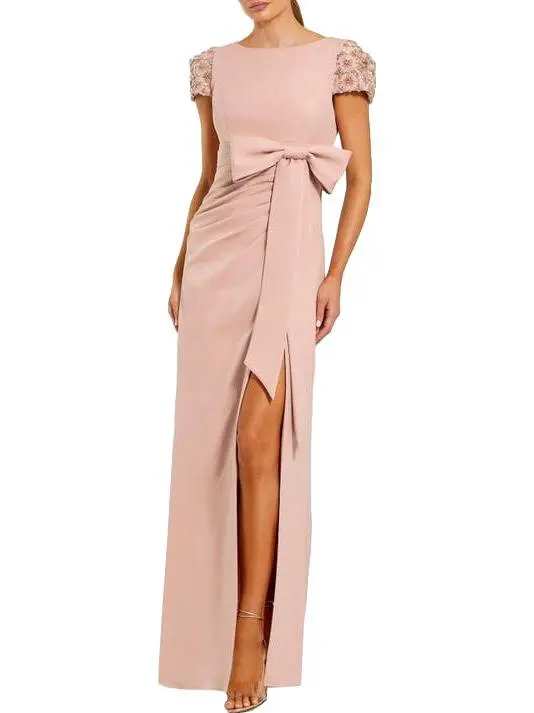 Mac Duggal Beaded Cap Sleeve Crepe Gown With Bow And Slit - Dusty Rose