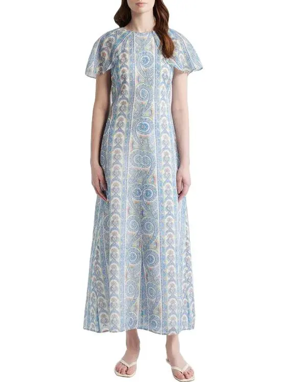 Hill House Home Davina Capelet Sleeve Cotton & Silk Maxi Dress - Corsica Paisley Blue