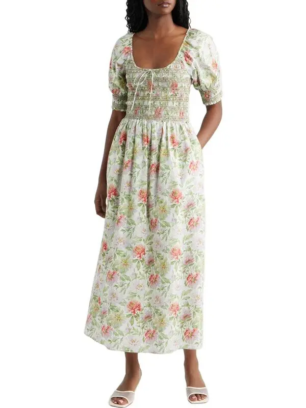 Hill House Home Floral Smocked Puff Sleeve Cotton Maxi Dress - Peony Chintz