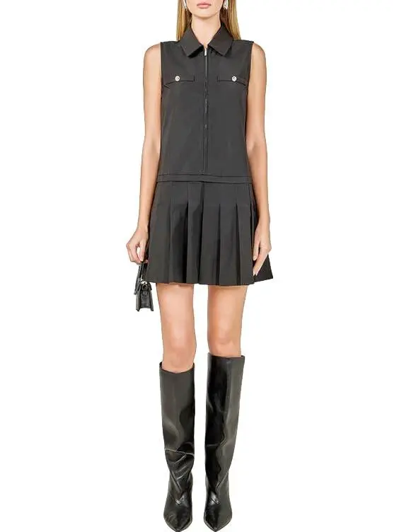 Endless Rose Sleeveless Pleated Zip-up Minidress - Black