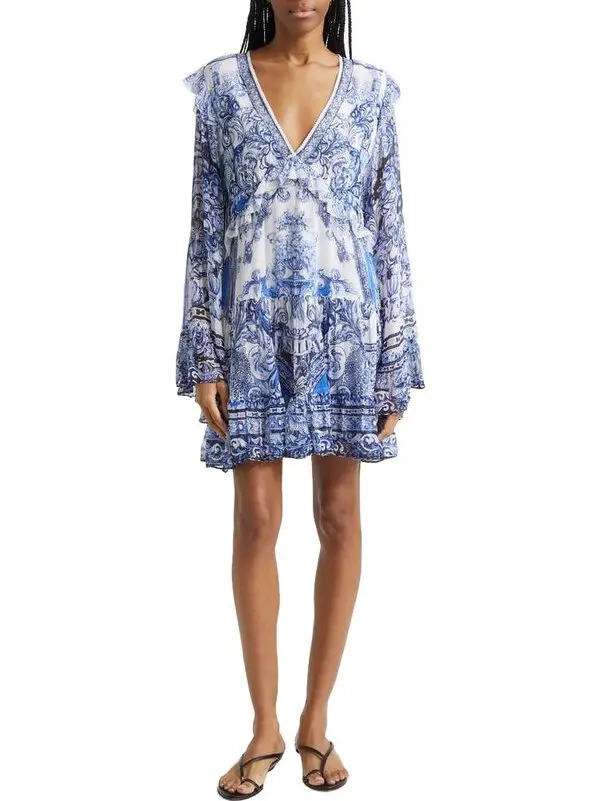 Camilla Printed Long Sleeve Tiered Ruffle Silk Chiffon Minidress - A Tiled Wonderland