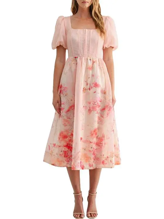 QUINCY MAE Puff Sleeve Chiffon Fit & Flare Midi Dress - Pink Floral