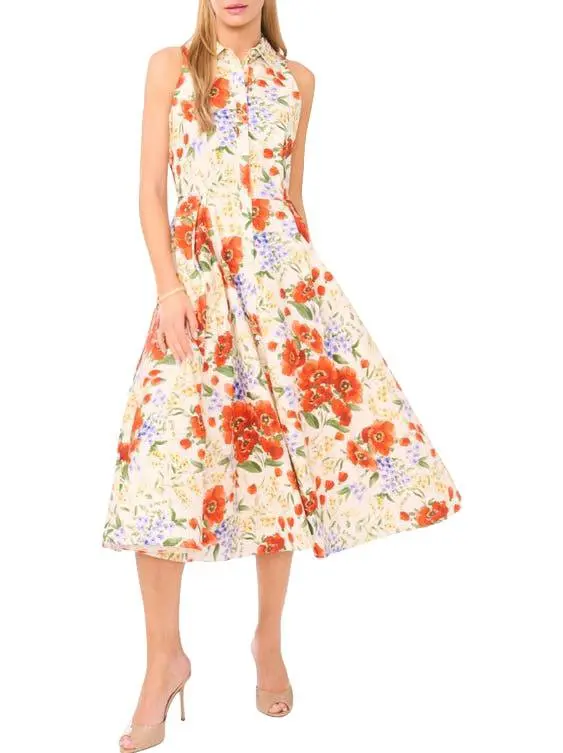 Ted Baker London Floral Pleated Sleeveless Cotton Midi Shirtdress - Fire Orange