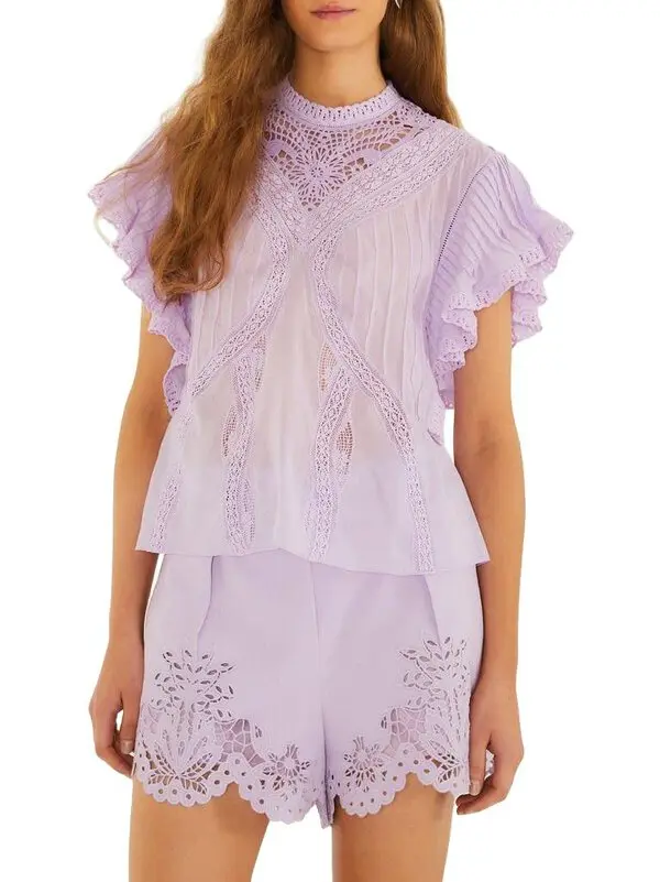 Farm Rio Lace Ruffle-sleeve Organic-cotton Top - Lilac