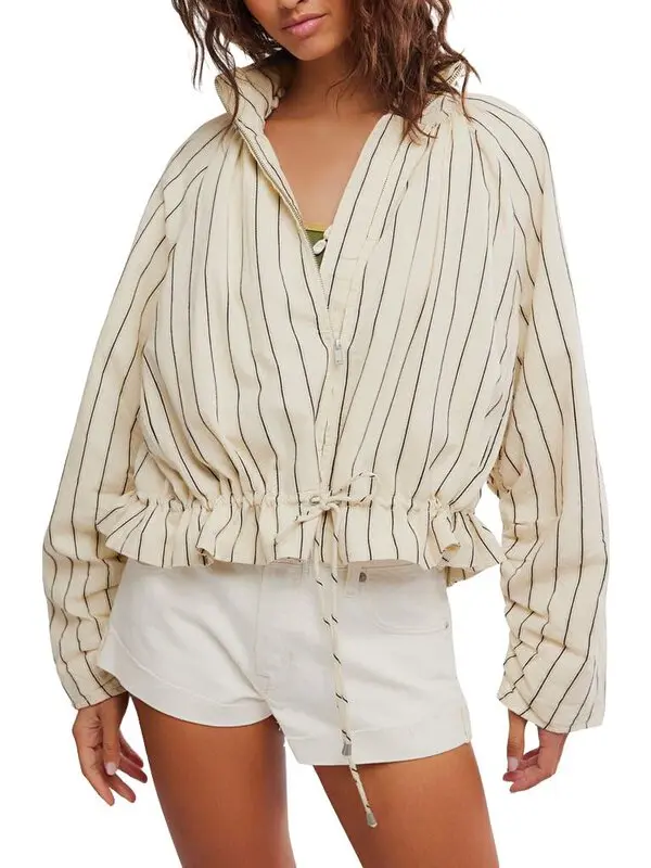 Free People Devon Stripe Ruffle Hem Jacket - Ivory Combo