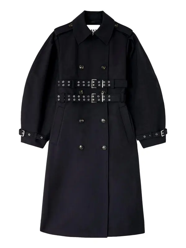 GANNI Printed Cotton Trench Coat - Black