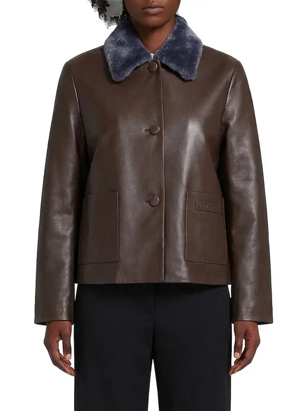 Marni Leather Jacket With Fur Collar - Cocoa