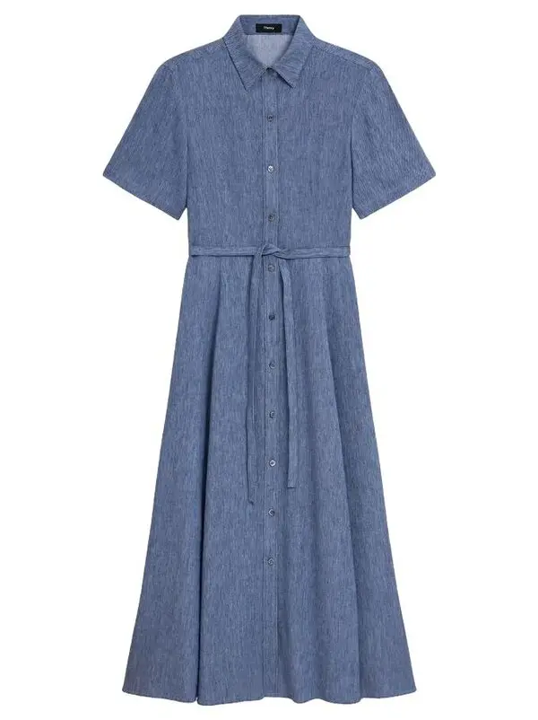 Theory Belted Shirt Dress - Light Denim