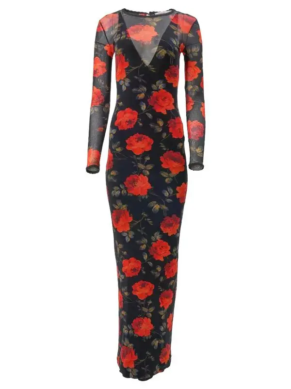 Carolina Herrera Rose-print Mesh Midi Dress - Black