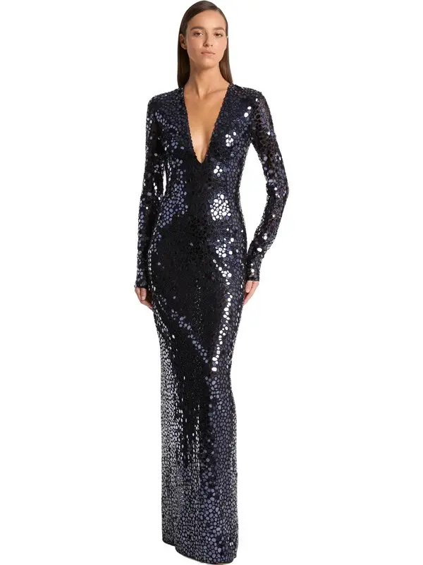 Michael Kors Mirror Embroidered Stretch Tulle V-neck Gown - Blue