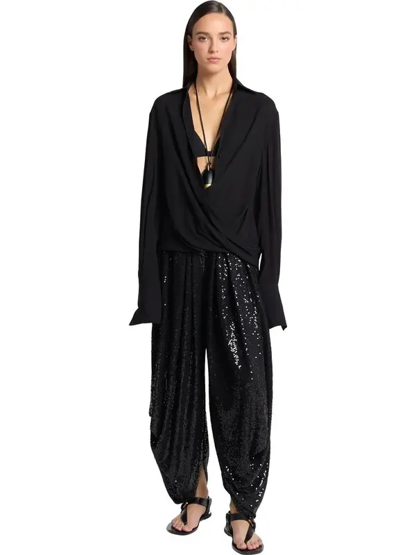 Michael Kors Hand-embellished Sequin Georgette Jersey Draped Pants - Black