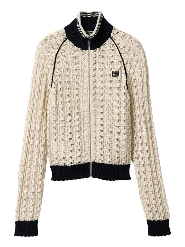 Miu Miu Cotton Zipper Cardigan - Natural
