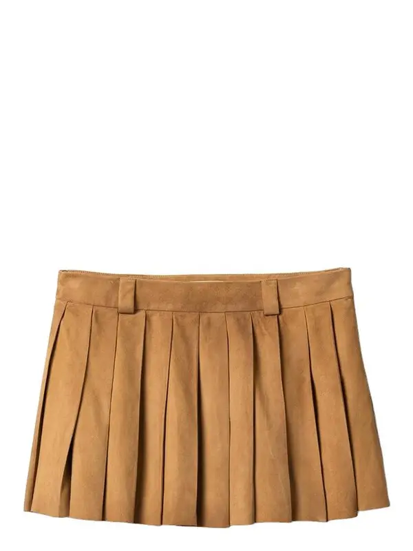 Miu Miu Pleated Waxed Suede Mini Skirt - Honey