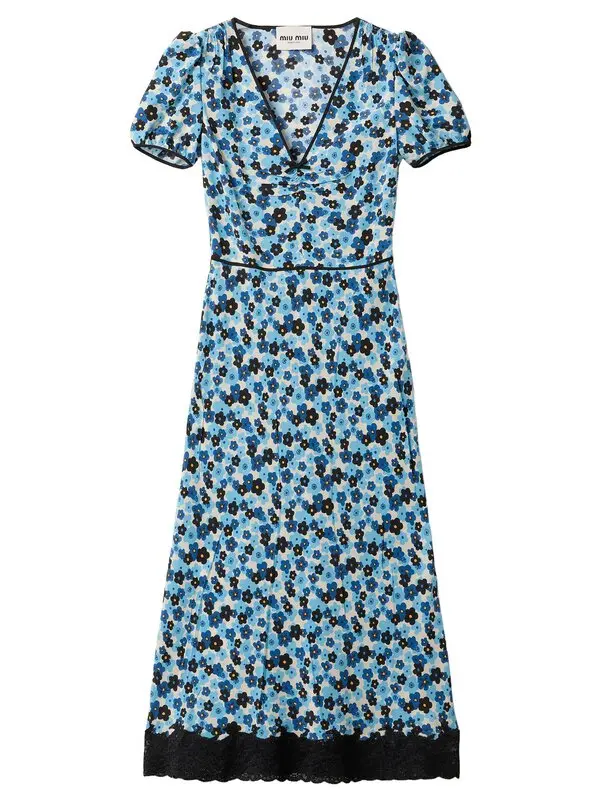 Miu Miu Crêpe De Chine Dress - Ivory/light Blue