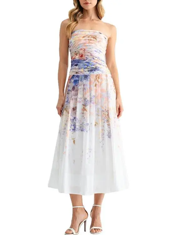 QUINCY MAE Strapless Fit & Flare Maxi Dress - White Blue Floral
