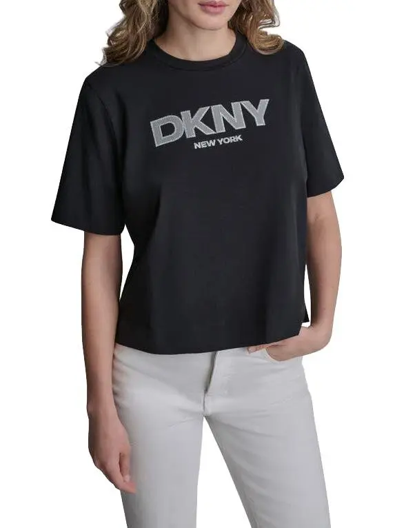 Dkny Rhinestone Border Logo Stretch Cotton Graphic T-shirt - Black