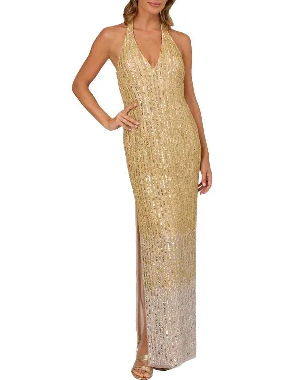 Adrianna Papell Sequin & Bead Ombré Halter Gown - Silver/gold