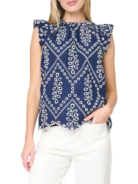 GIBSONLOOK Flutter Sleeve Top With Ribbon Detail - Navy Eyelet
