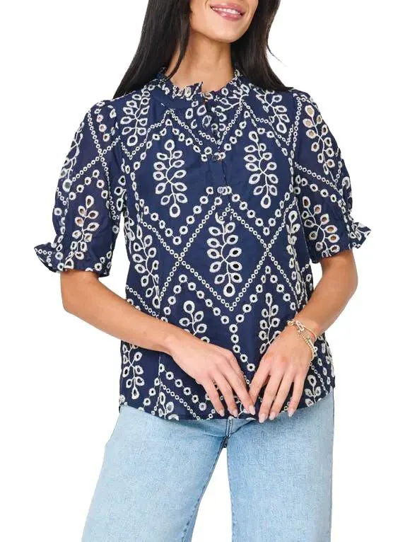 GIBSONLOOK Dianthus Puff Sleeve Cotton Top - Navy Eyelet