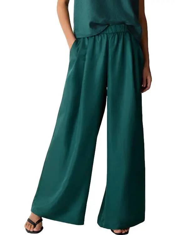Eileen Fisher Pull-on Satin Wide Leg Pants - Kelp