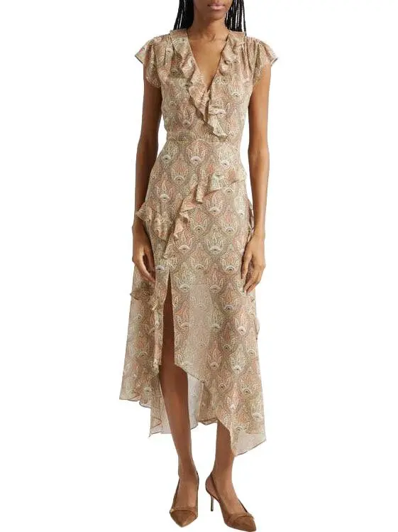 Veronica Beard Avenel Paisley Asymmetric Hem Silk Dress - Stone Khaki Multi