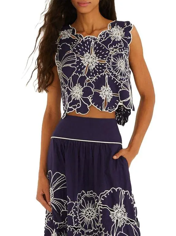 Farm Rio Richelieu Floral Embroidered Top - Blue
