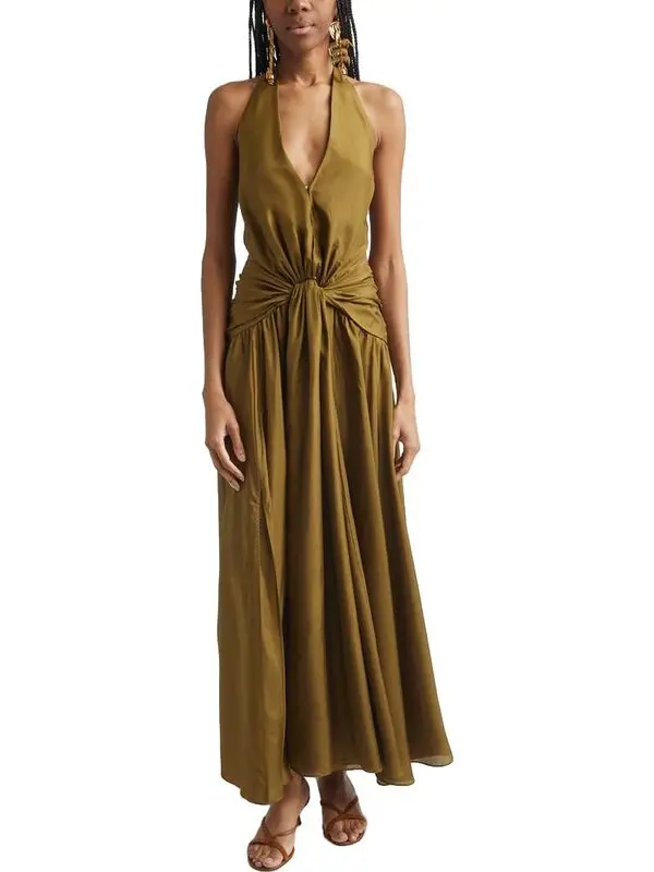 Zimmermann Indra Plunge Halter Silk Maxi Dress - Olive