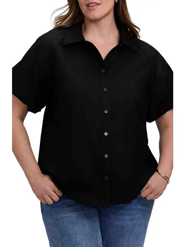 Foxcroft Cotton Blend Button-up Shirt With Puff Sleeves - Black