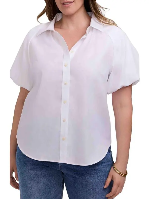 Foxcroft Cotton Blend Button-up Shirt With Puff Sleeves - White