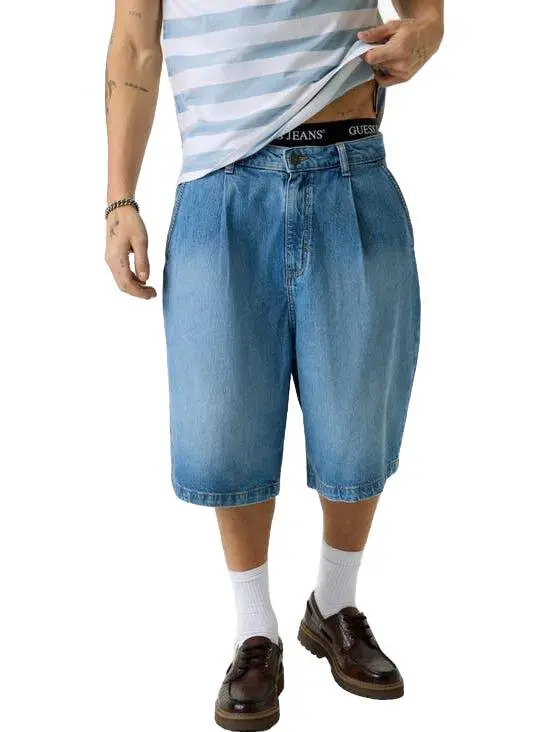 Guess Pleated Baggy Denim Shorts - Light Blue