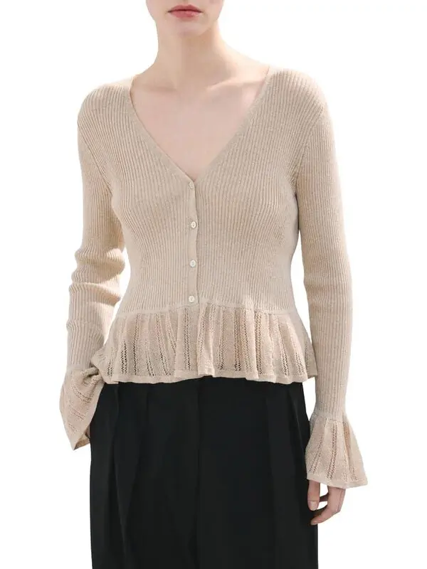 Mango Ruffle Trim Pointelle Cardigan - Sand