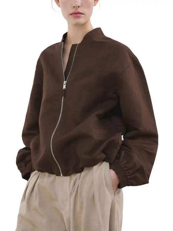 Mango Linen & Cotton Bomber Jacket - Chocolate