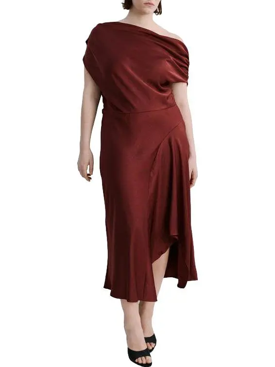 Mango Satin One-shoulder High-low Midi Dress - Burgundy