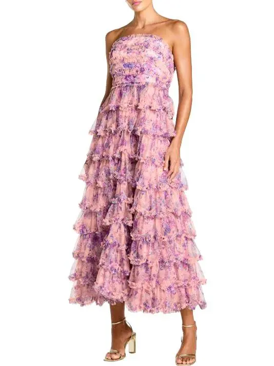 Mac Duggal Printed Mesh Strapless Ruffle A-line Midi Dress - Orchid Multi