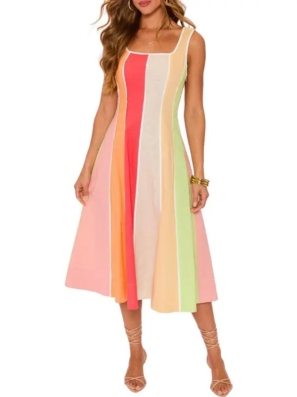 VICI Cotton & Linen Stripe Midi Dress - Pink Multi