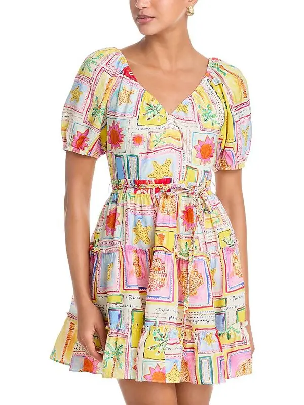 Aqua Tile Puff Sleeve V Neck Dress - Pink Multi