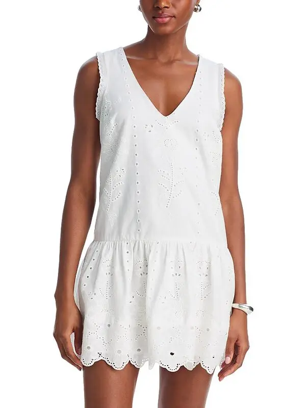 Aqua Eyelet V-neck Flounce Mini Dress - White