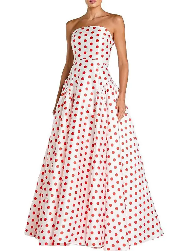 Mac Duggal Strapless Polka Dot Mikado Ballgown - White Multi