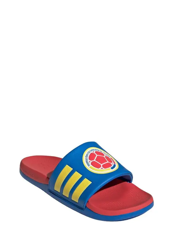 Adidas Adilette Comfort 2.0 Colombia Slides - Glow Blue / Semi Lucid Red / Impact Yellow